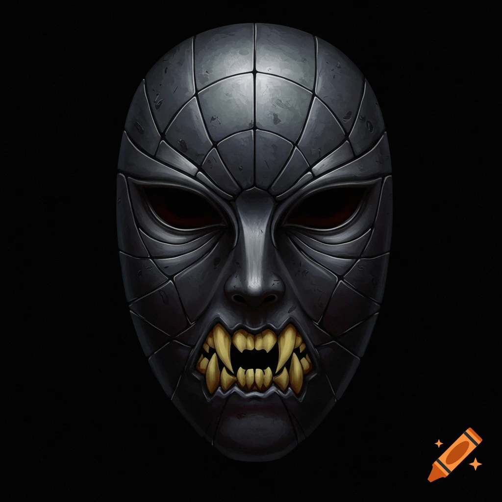 Detailed illustration of a dark metallic spider mask with red eyes and ...