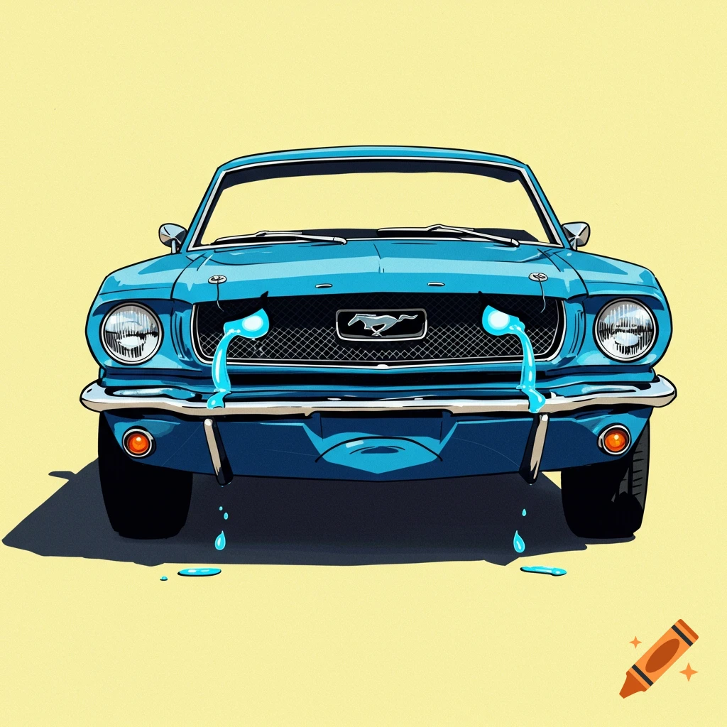Stylized illustration of a blue Ford Mustang car crying. on Craiyon