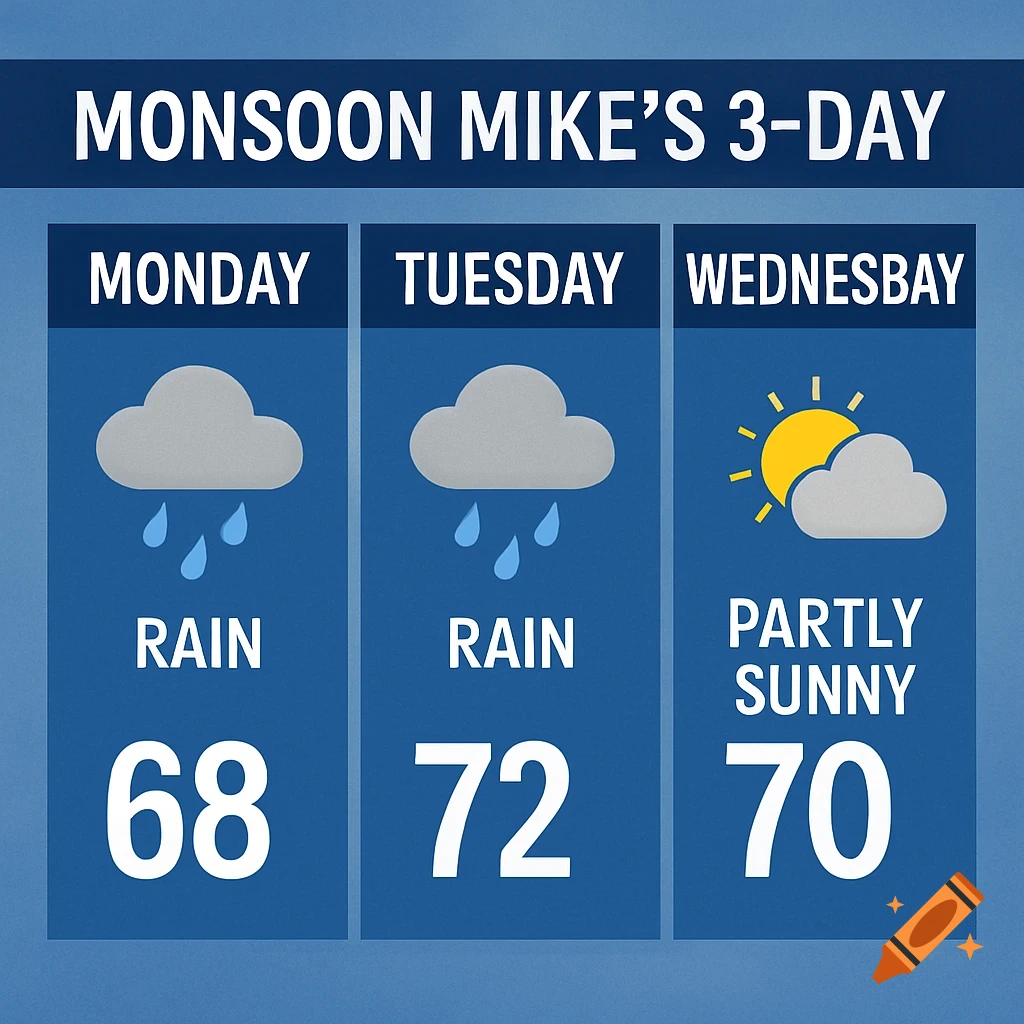 A three-day weather forecast graphic for Monday, Tuesday, and Wednesday ...