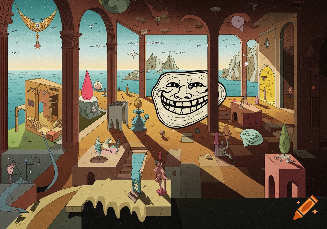 Surreal illustration of a landscape with arches, buildings, strange ...