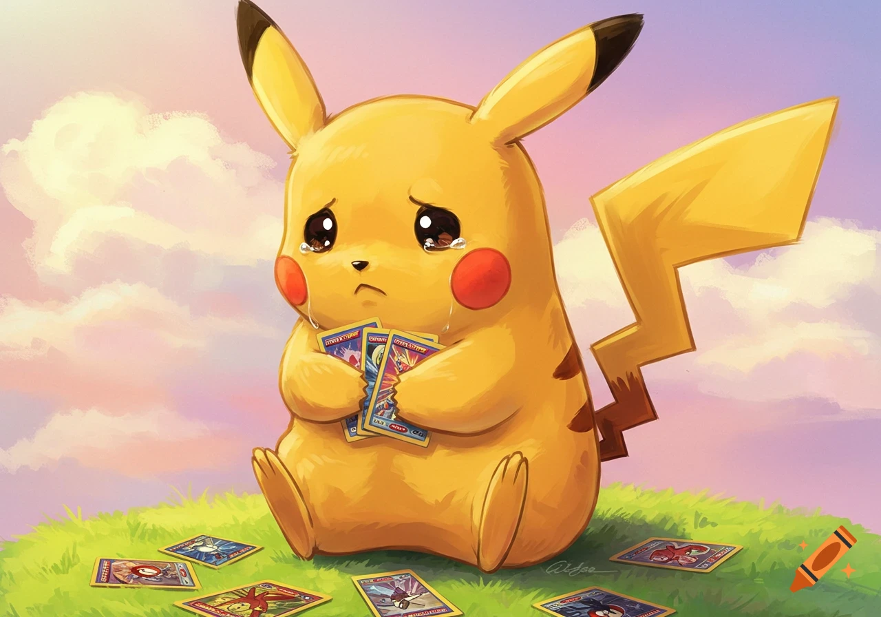 Crying yellow Pikachu sits on grass holding trading cards, with other ...