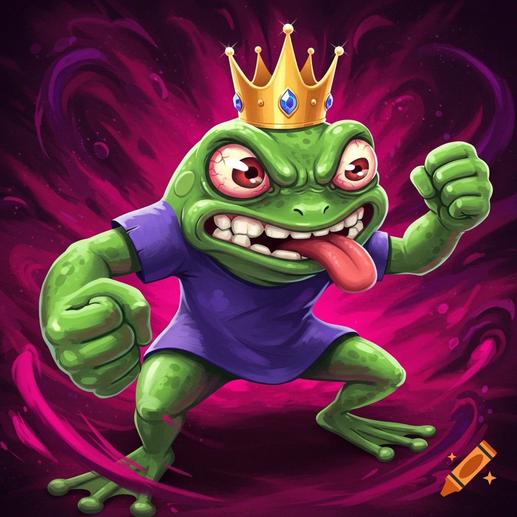 Cartoon angry frog wearing a crown, standing with fists raised and ...