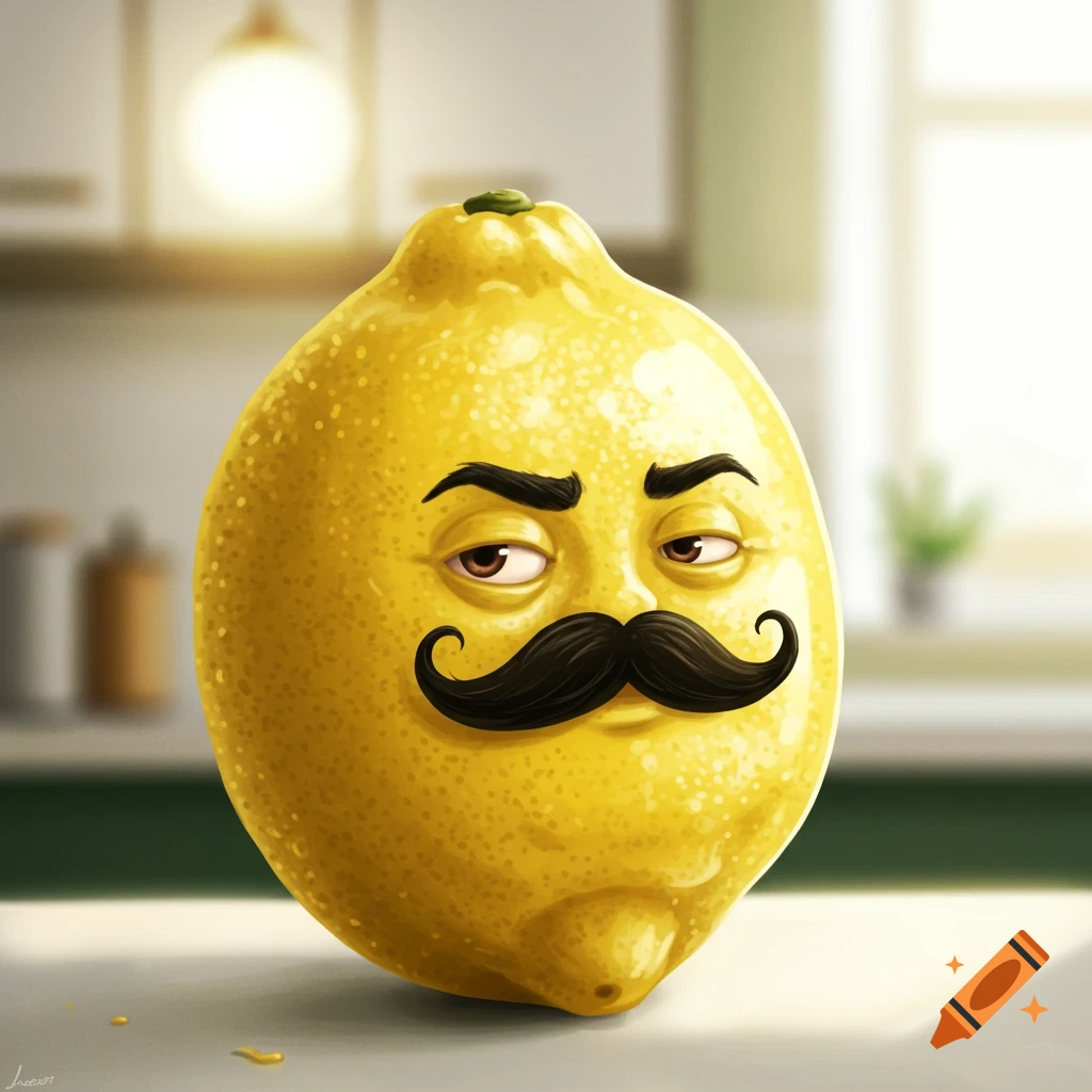 A suave-looking yellow lemon with a face and black mustache sits on a ...