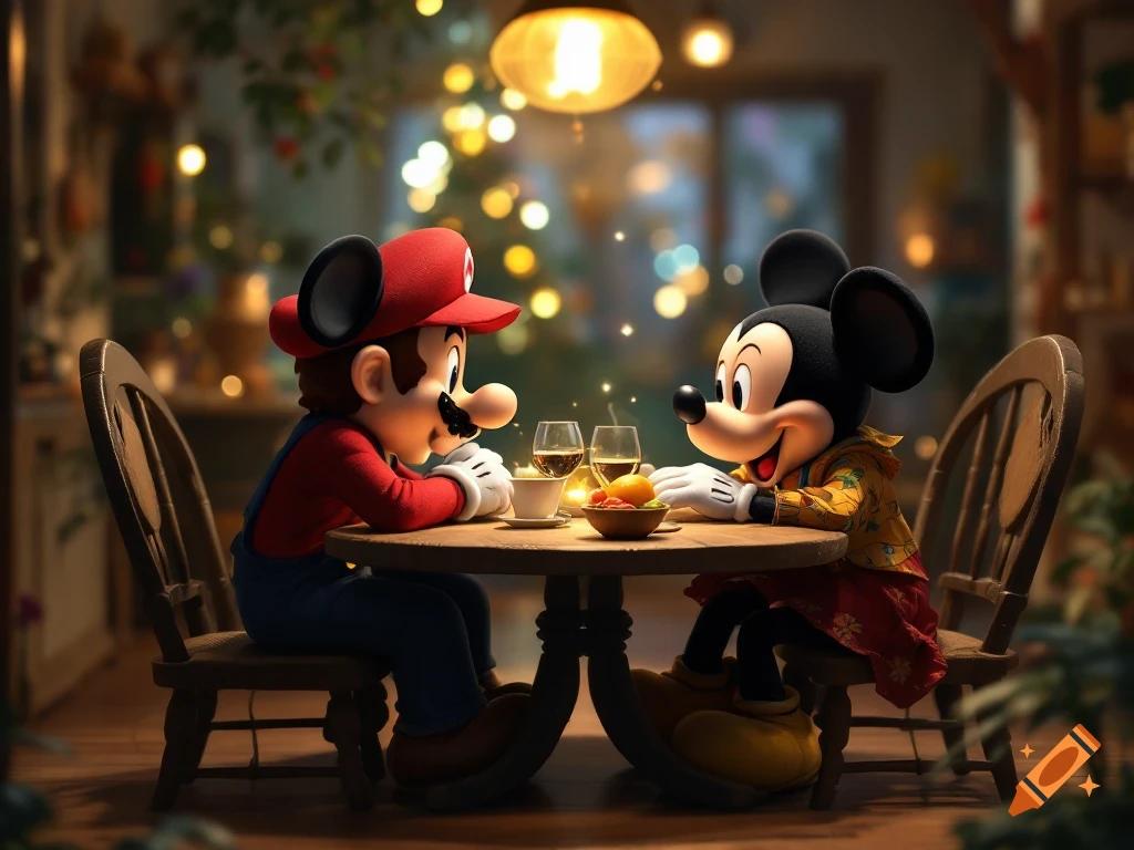 Generated image of Mario and Mickey Mouse having dinner at a table. on ...