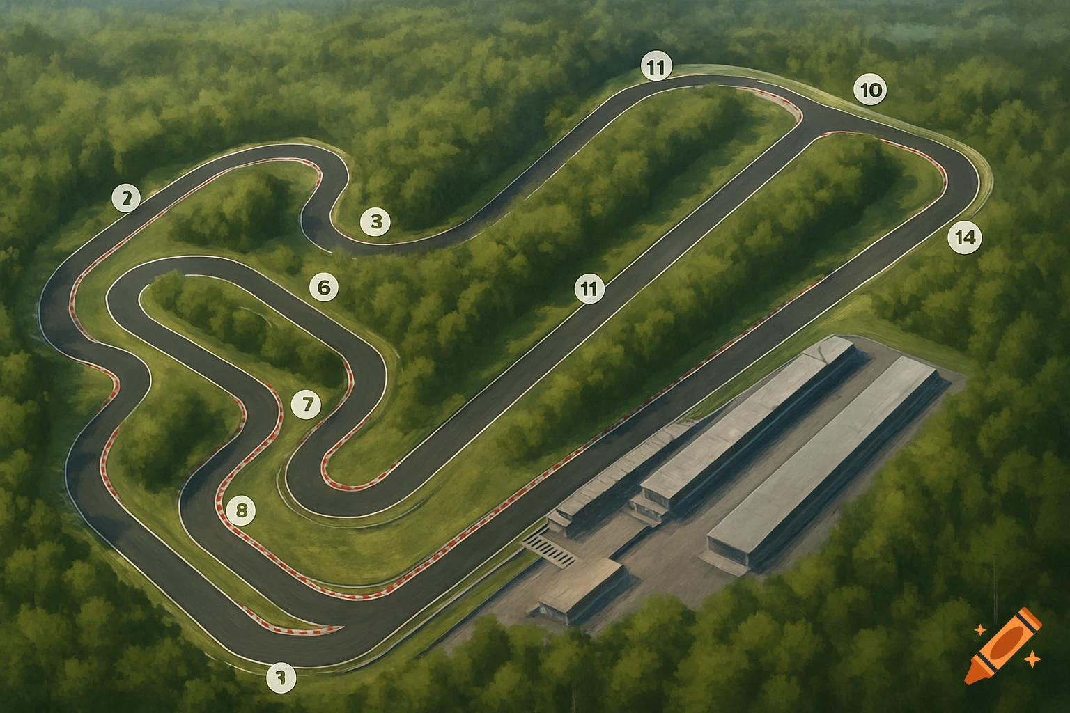 Aerial view of a race track winding through a forest on Craiyon