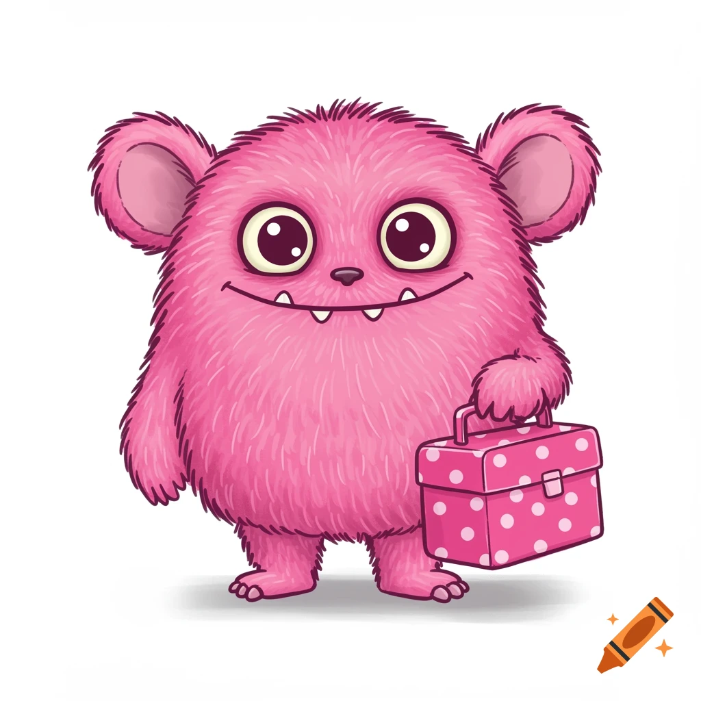 A cute pink furry monster character with big eyes holding a polka dot ...