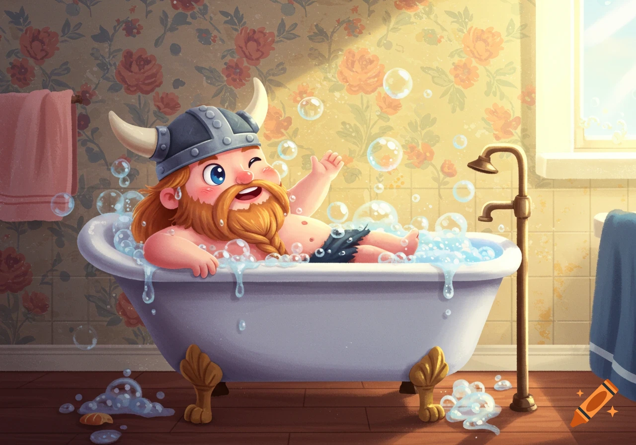 Adorable cartoon viking in a bathtub full of bubbles on Craiyon