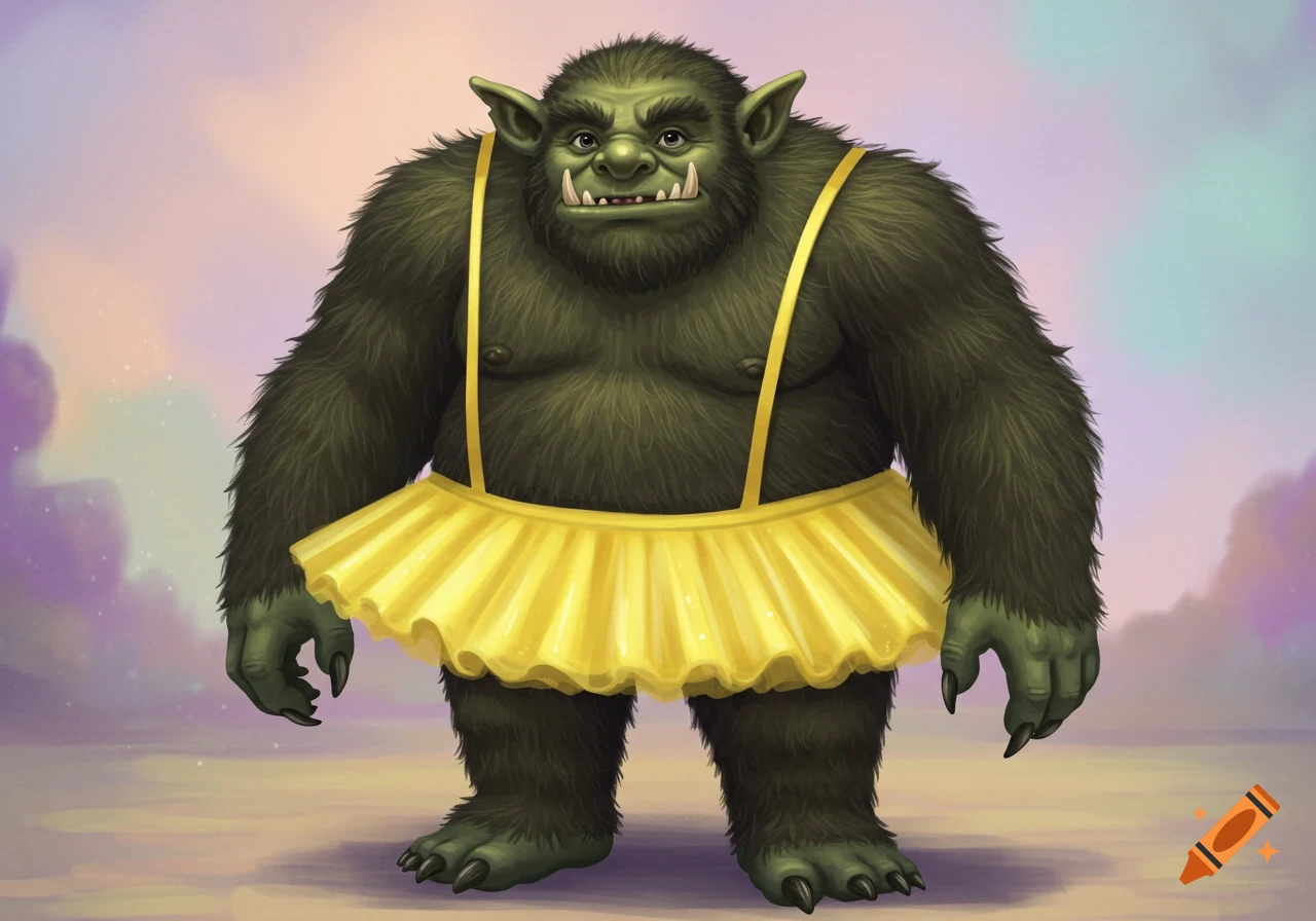 A fantasy creature, an ogre troll mix, wearing a yellow tutu. on Craiyon