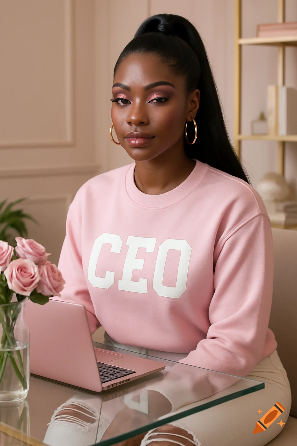 A woman in a pink CEO sweatshirt sits at a desk with a laptop and roses ...