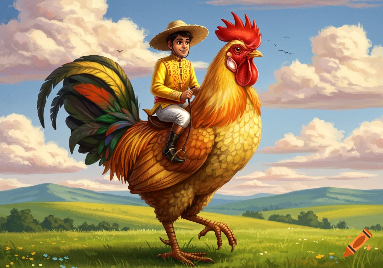 A boy in a straw hat rides a giant rooster through a grassy field. on ...