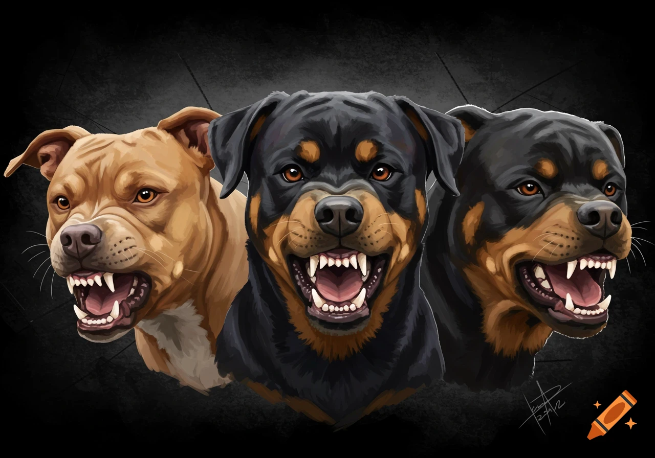 Illustration of three angry, snarling dogs, one tan and two black and ...