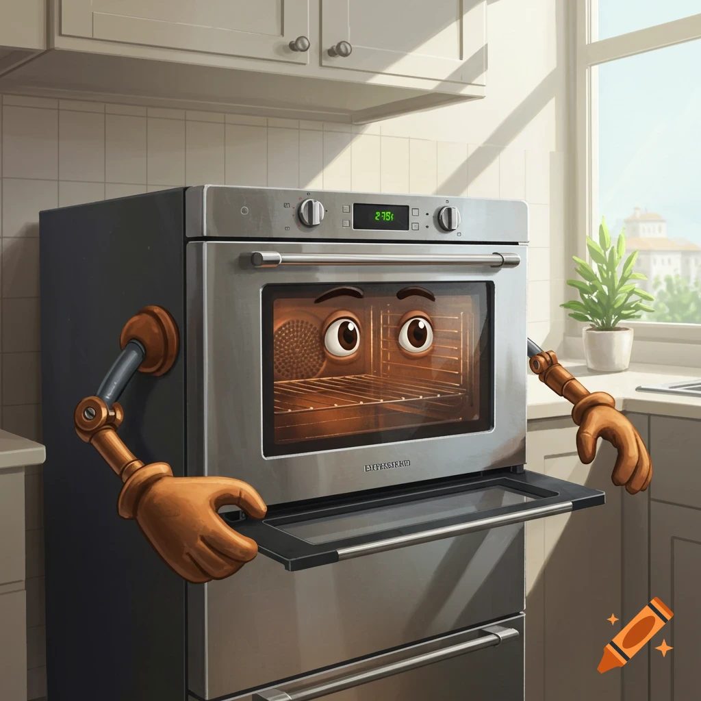 Cartoon anthropomorphic oven with arms and eyes in a kitchen on Craiyon