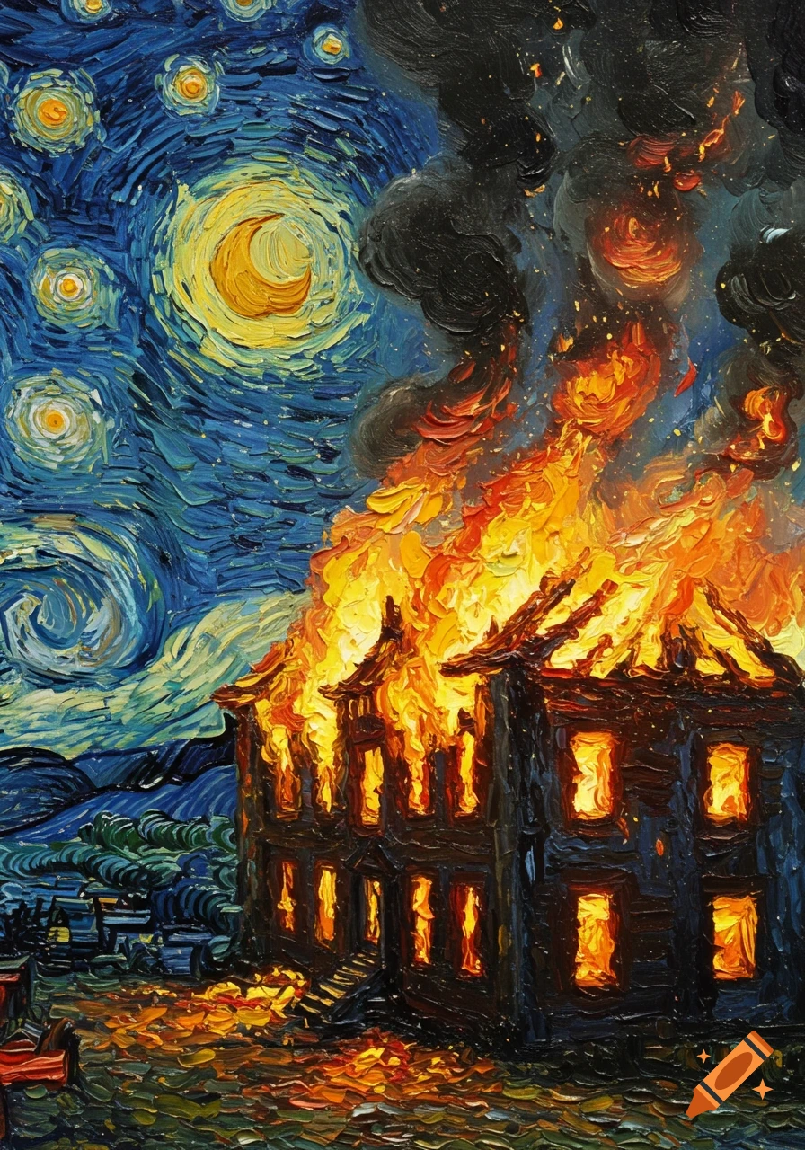A building is consumed by fire under a starry night sky in the style of ...