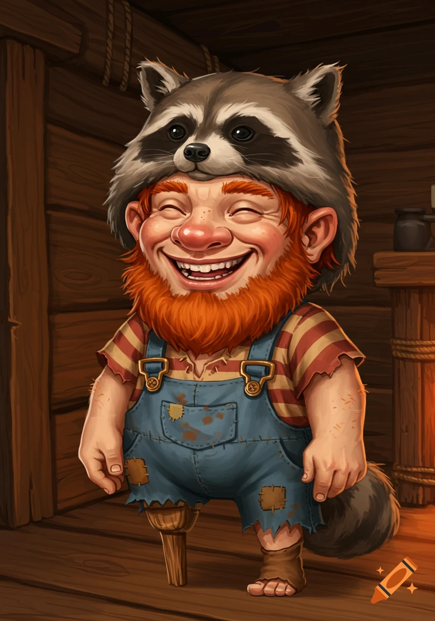 Cartoon portrait of a smiling hillbilly halfling wearing a raccoon hat ...