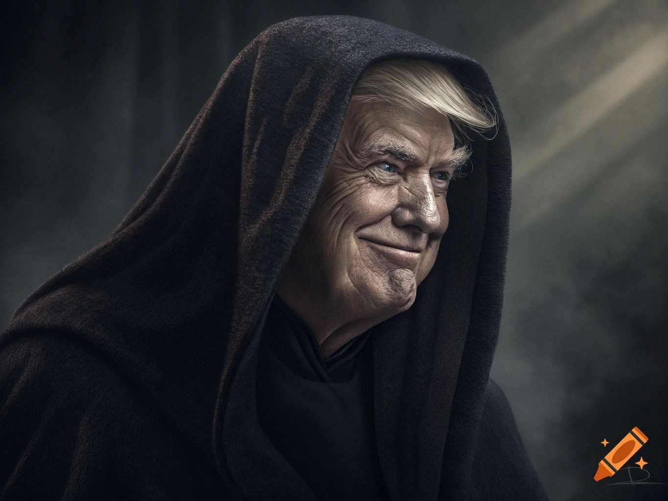 Realistic portrait of a man resembling Donald Trump in a dark hooded ...