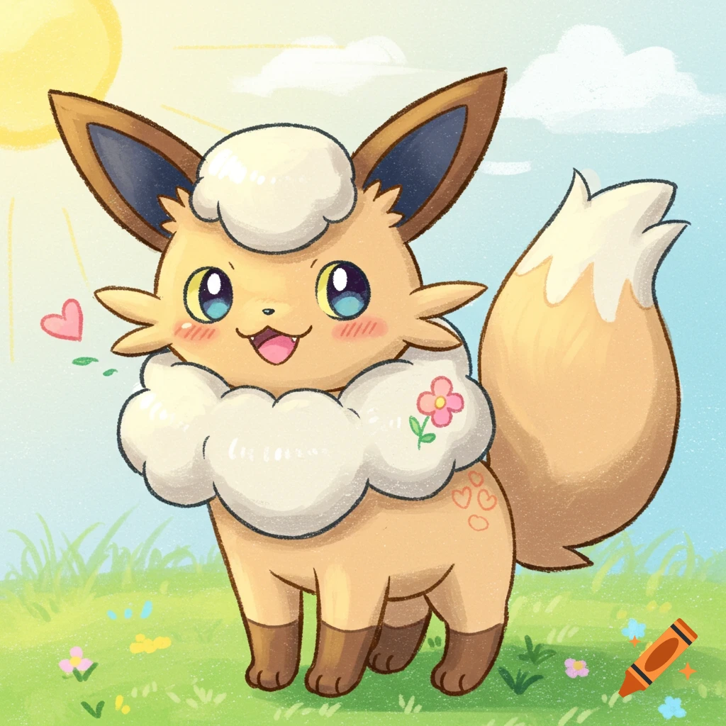 A cute cartoon drawing of a brown Pokemon (Eevee) standing in a grassy ...