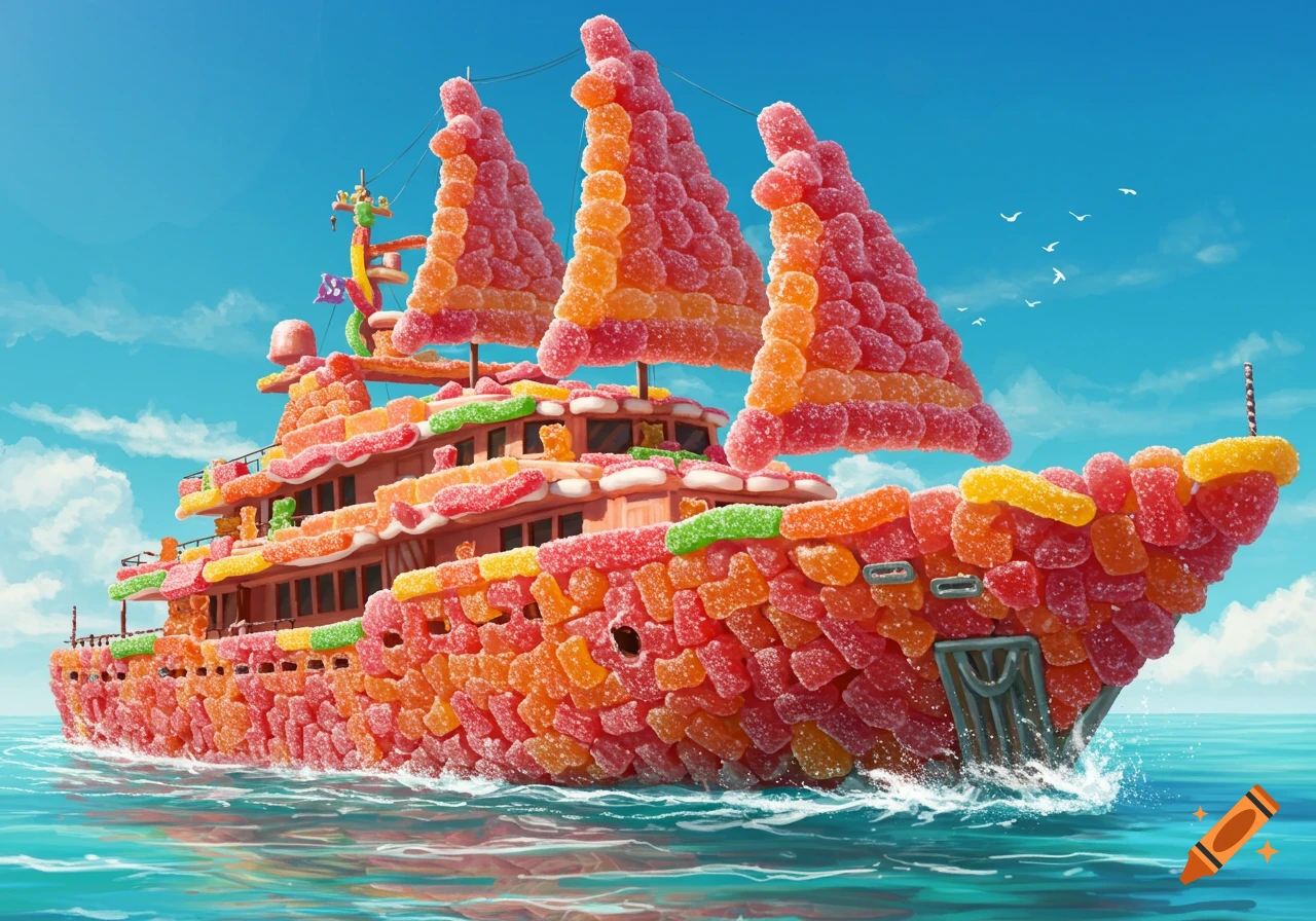 A yacht made entirely of colorful gummy candies sails on the ocean. on ...