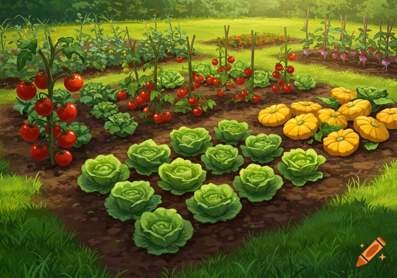 A cartoon illustration of a lush vegetable garden with rows of tomatoes ...