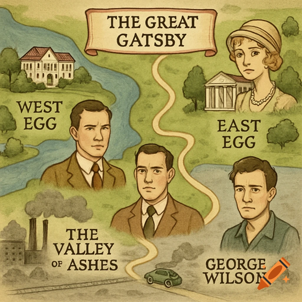 Illustration of a map layout showing West Egg, East Egg, and the Valley ...
