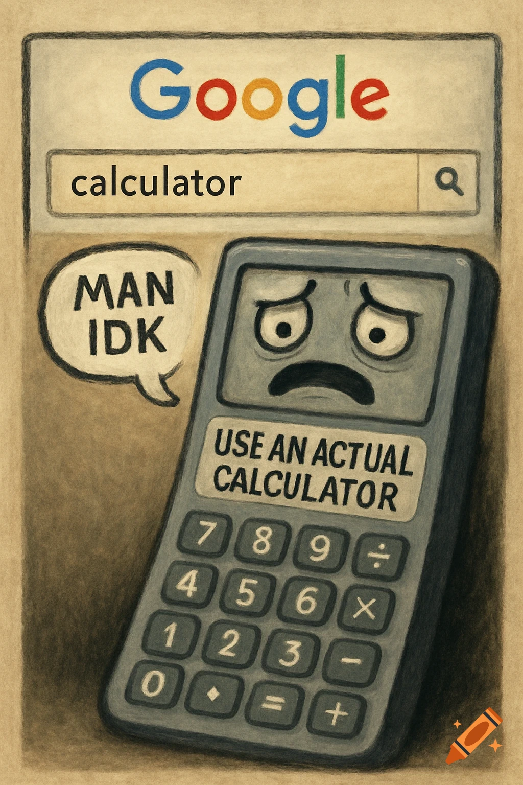 A sad calculator meme below a Google search bar searching for ...