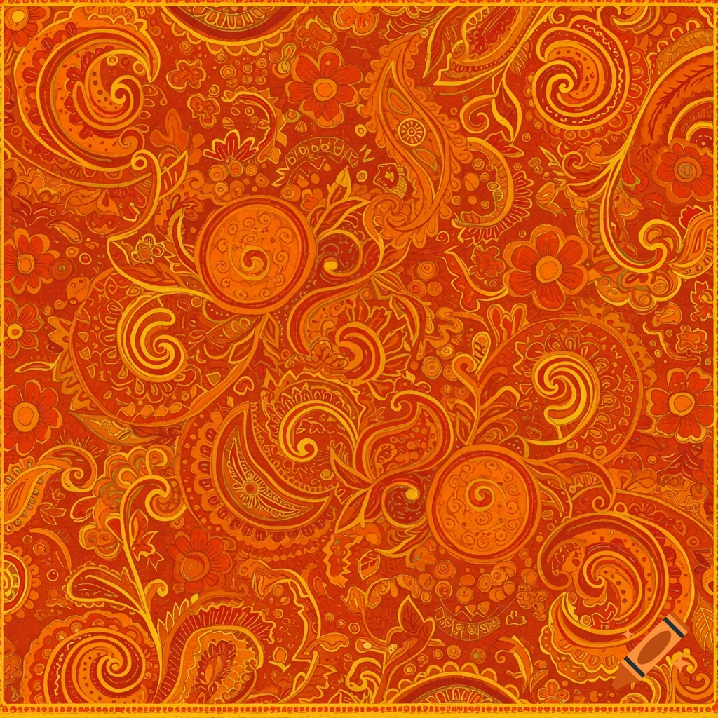 Intricate orange and yellow Indian pattern with paisley and floral ...