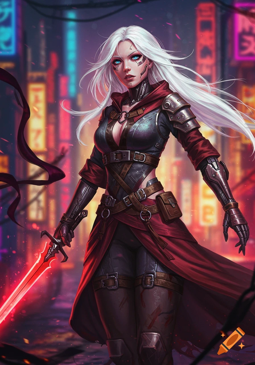 A white-haired cyborg woman with a glowing red sword stands in a ...