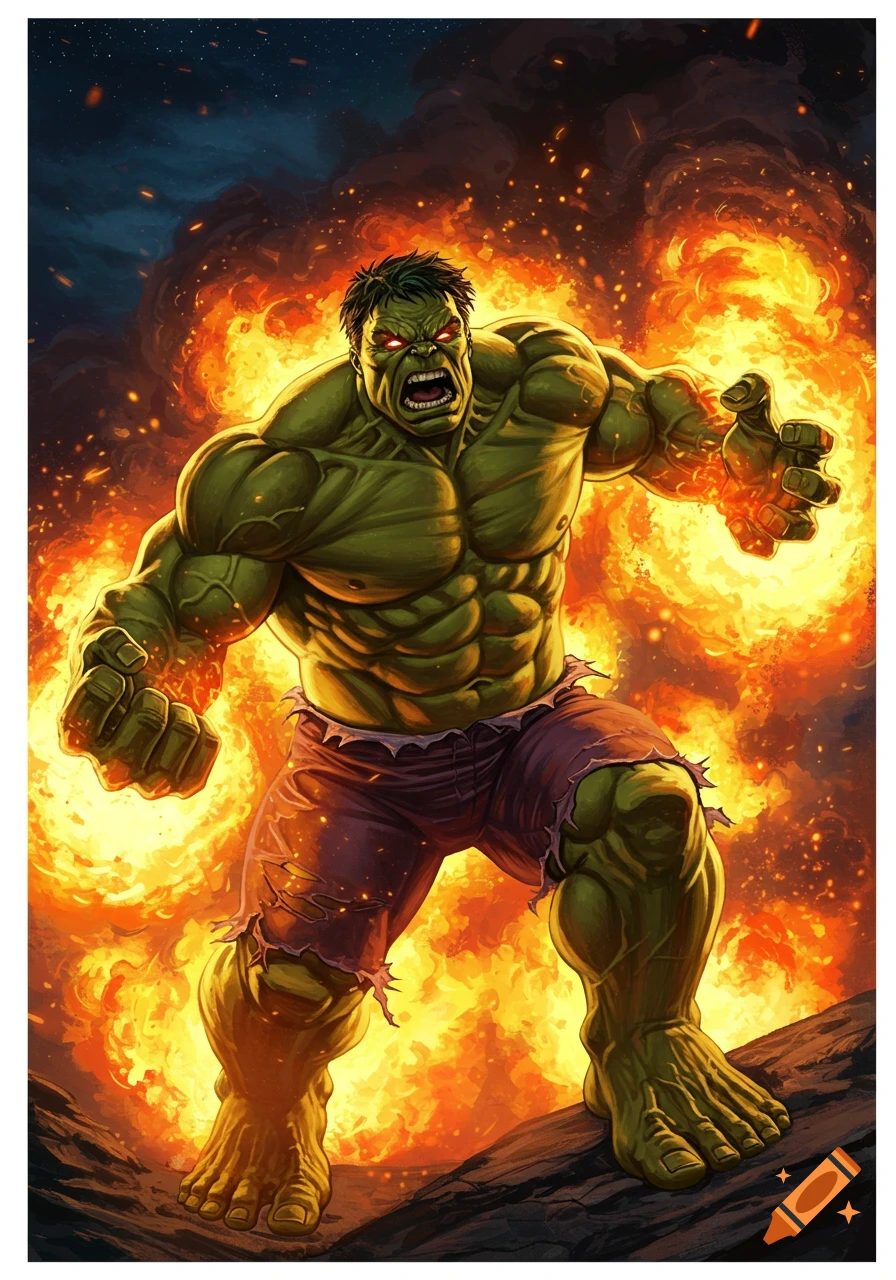 Hulk roaring with red eyes, surrounded by large flames and smoke ...