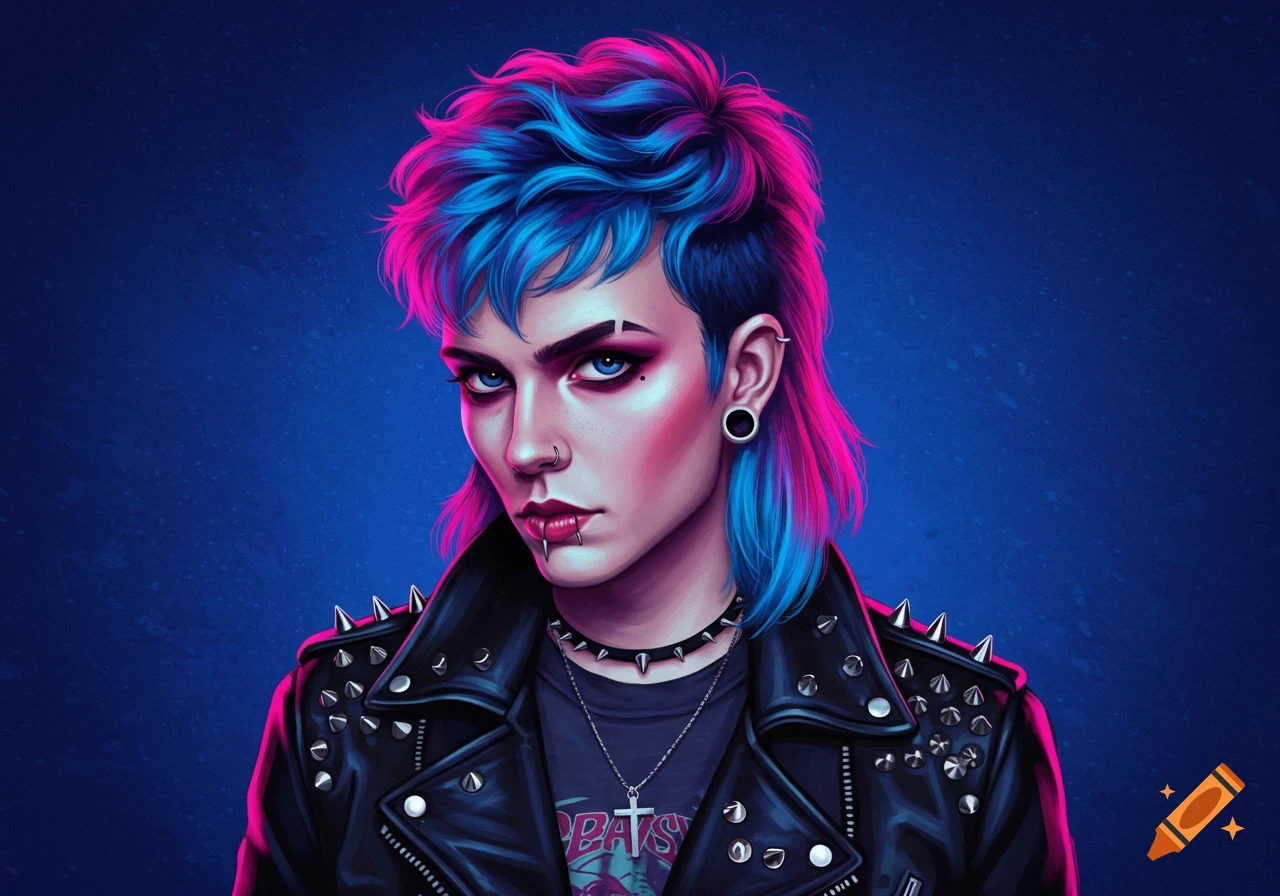 Illustrated portrait of a person with blue and pink mullet hair ...