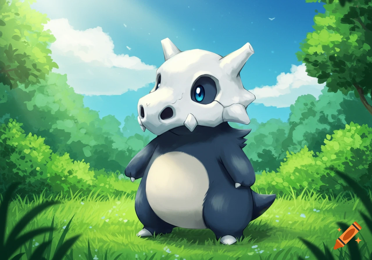 An anime illustration of Alolan Cubone standing in a grassy field. on ...