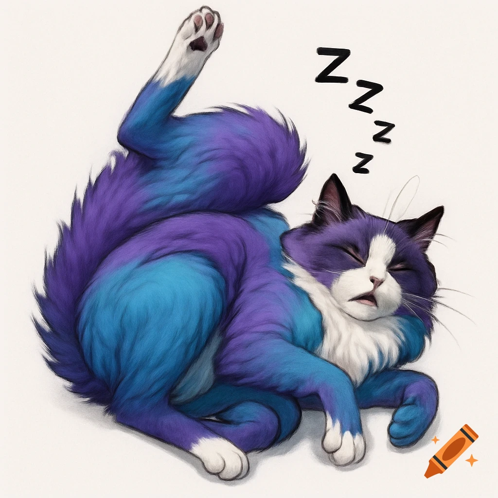 A vibrant blue and purple tuxedo cat sleeps in a contorted pose with ...