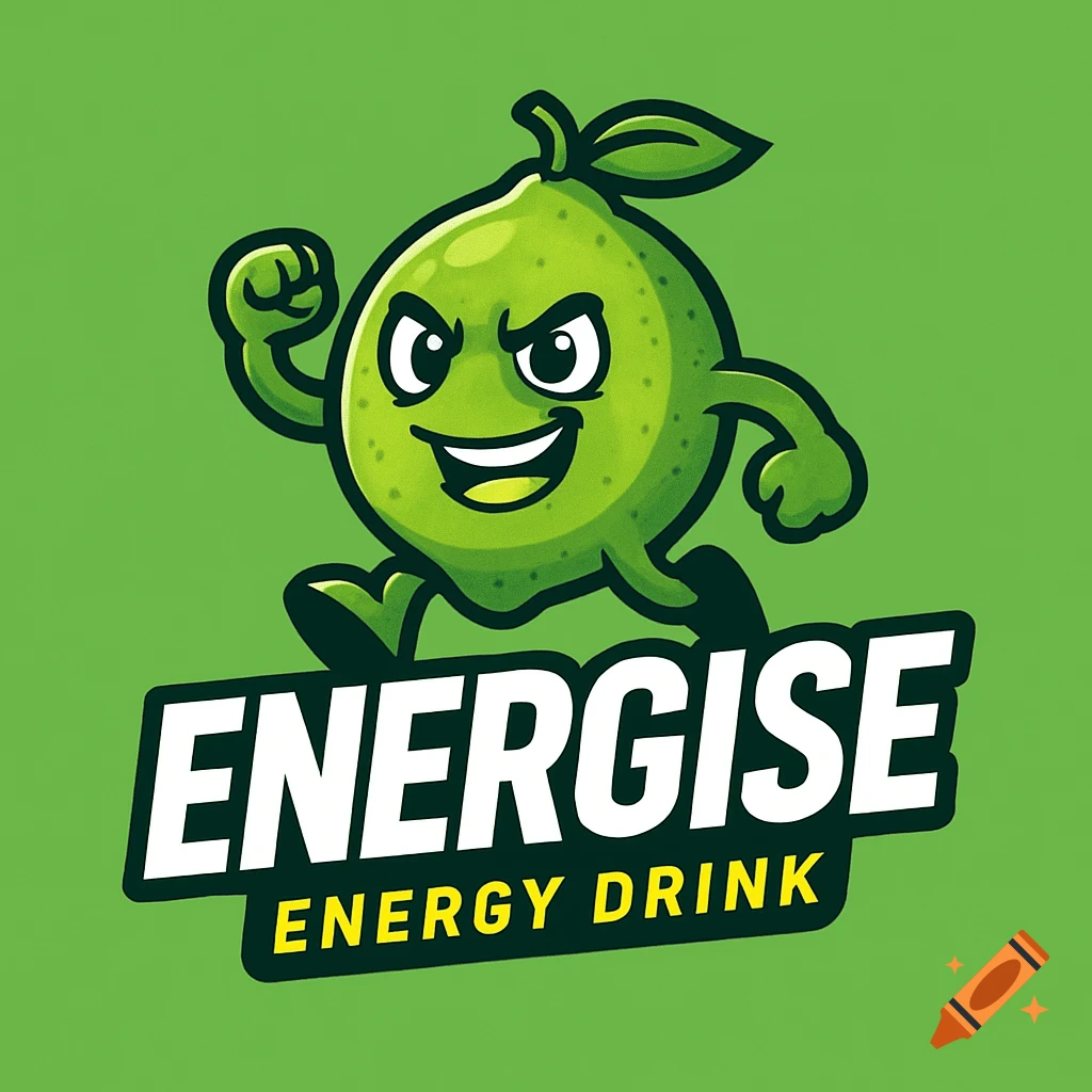 Cartoon logo of a running lime mascot with the text ENERGISE ENERGY DRINK on Craiyon