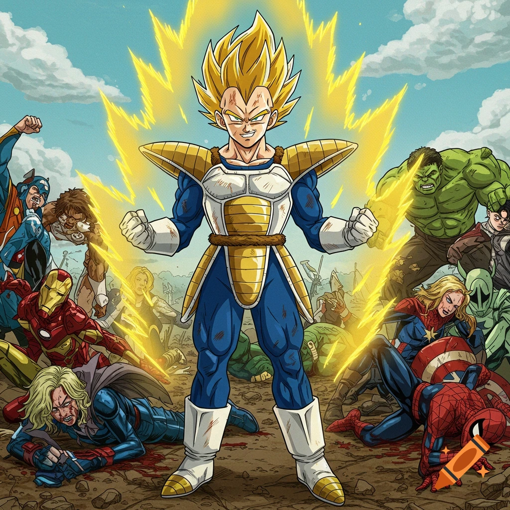 Vegeta stands victorious over defeated Marvel superheroes in a comic ...