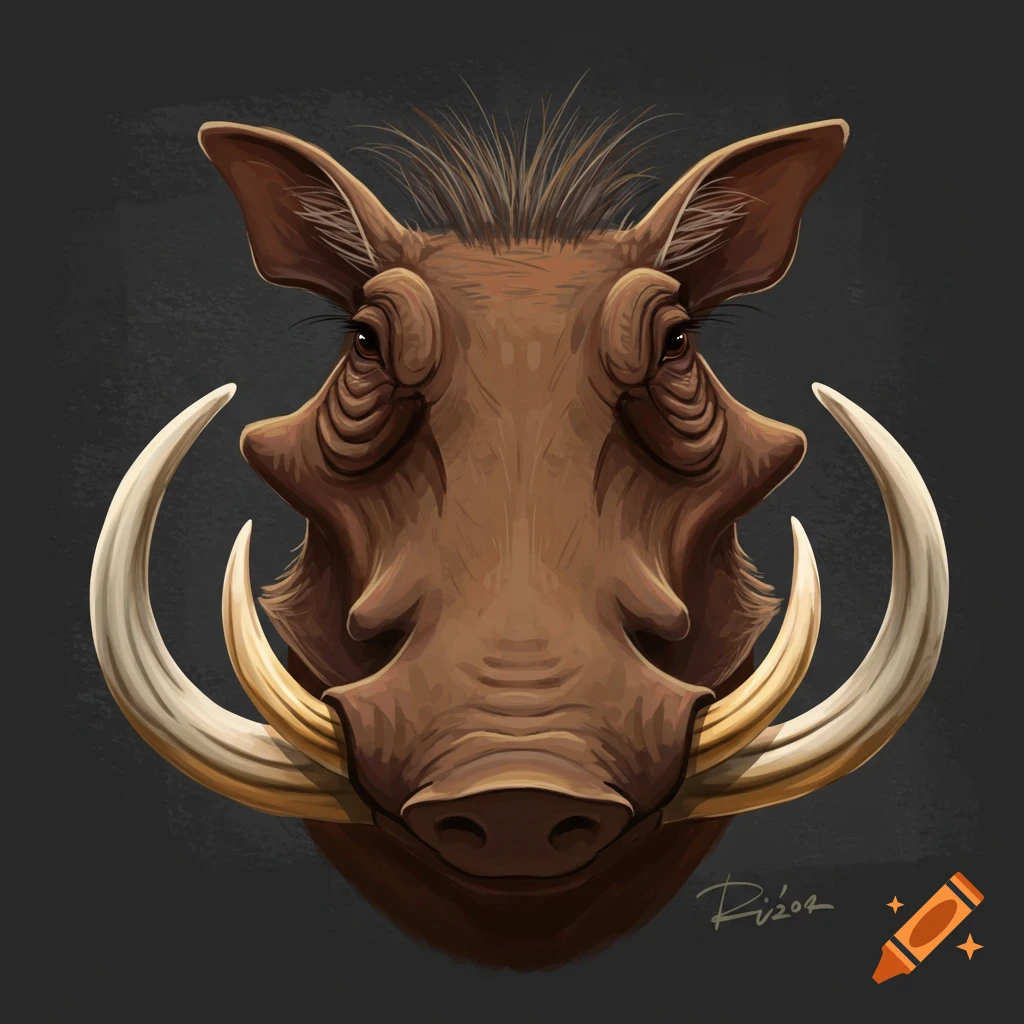 A stylized illustration of a warthog's face with large tusks. on Craiyon