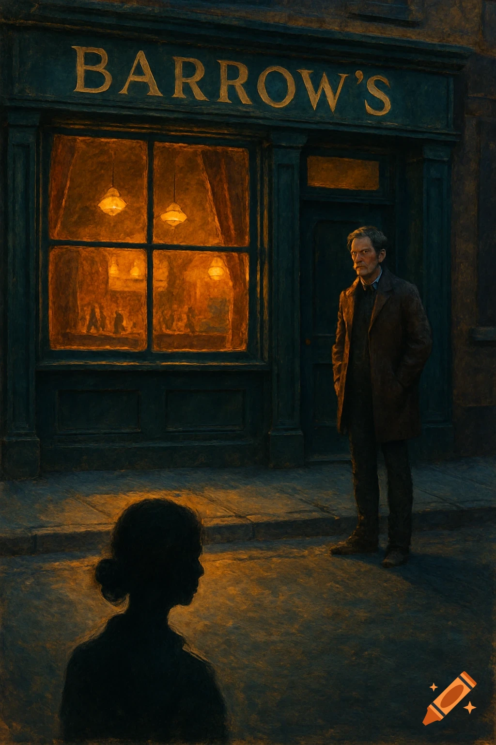 A man stands outside a building labeled BARROW'S at night. A ...