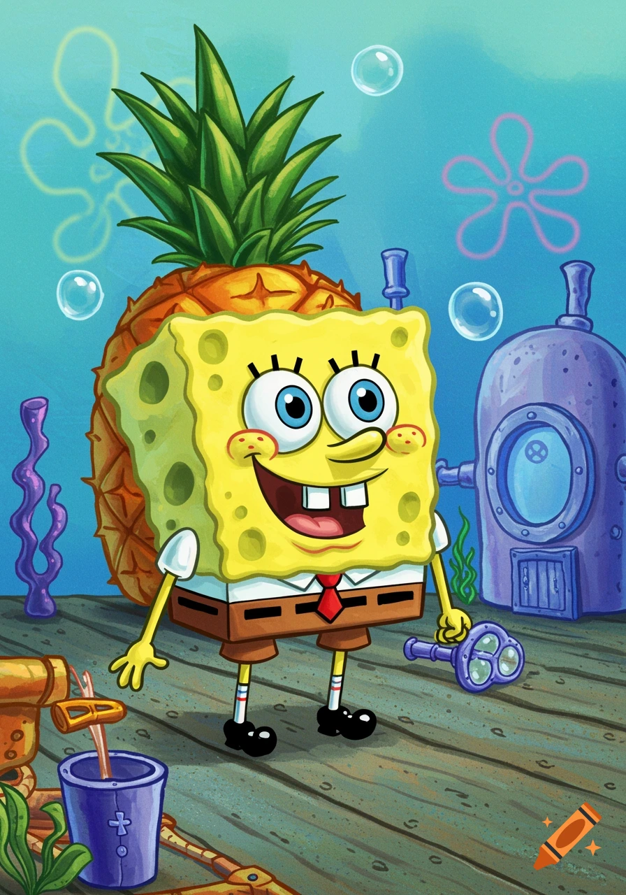 Spongebob Squarepants cartoon character with a pineapple on his back ...