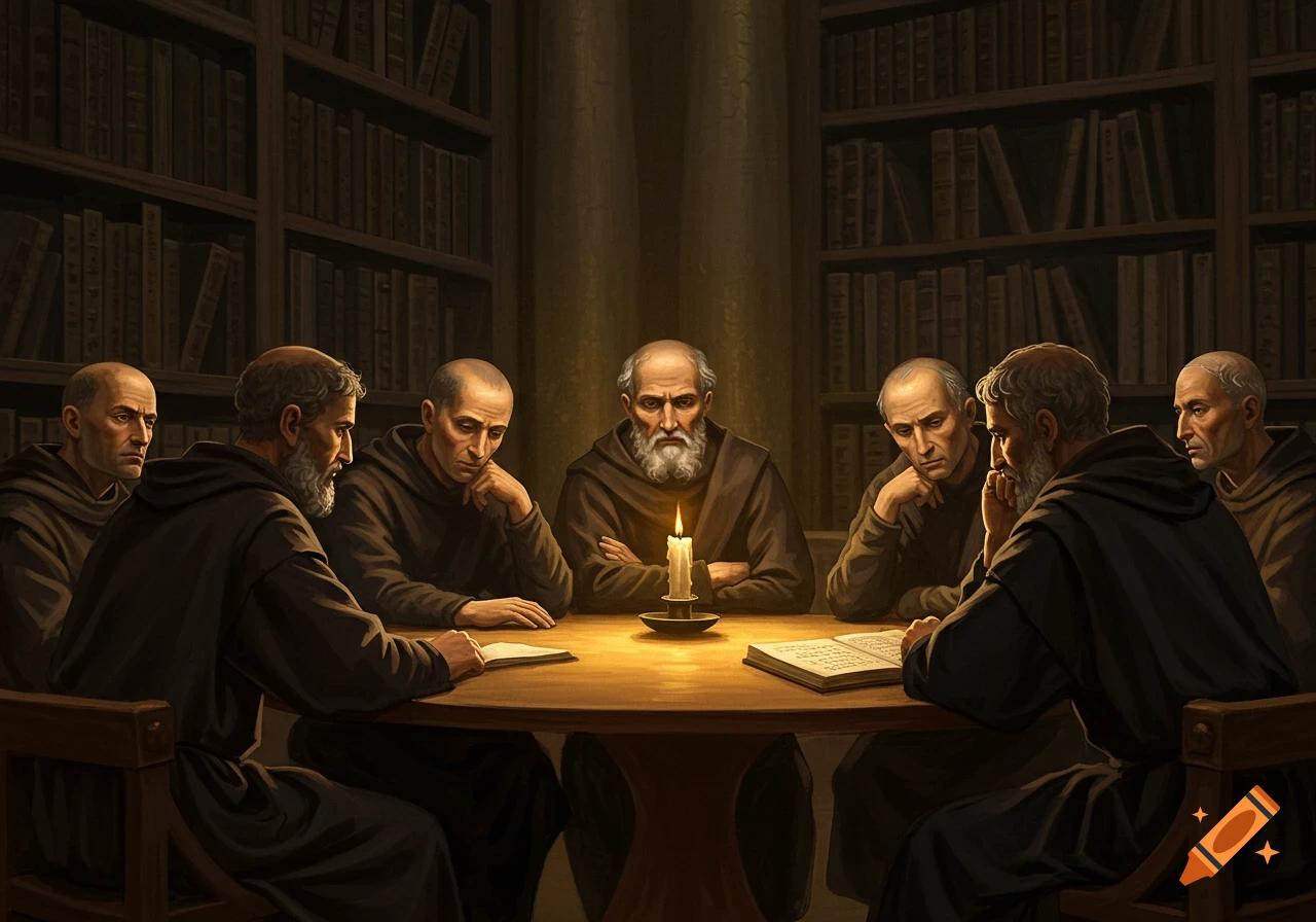 Monks or philosophers gathered around a table with books in a dimly lit ...