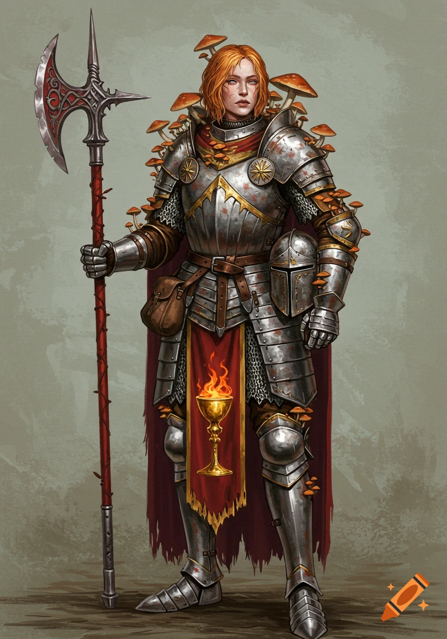 Fantasy art of a female paladin in silver armor with mushrooms, holding ...