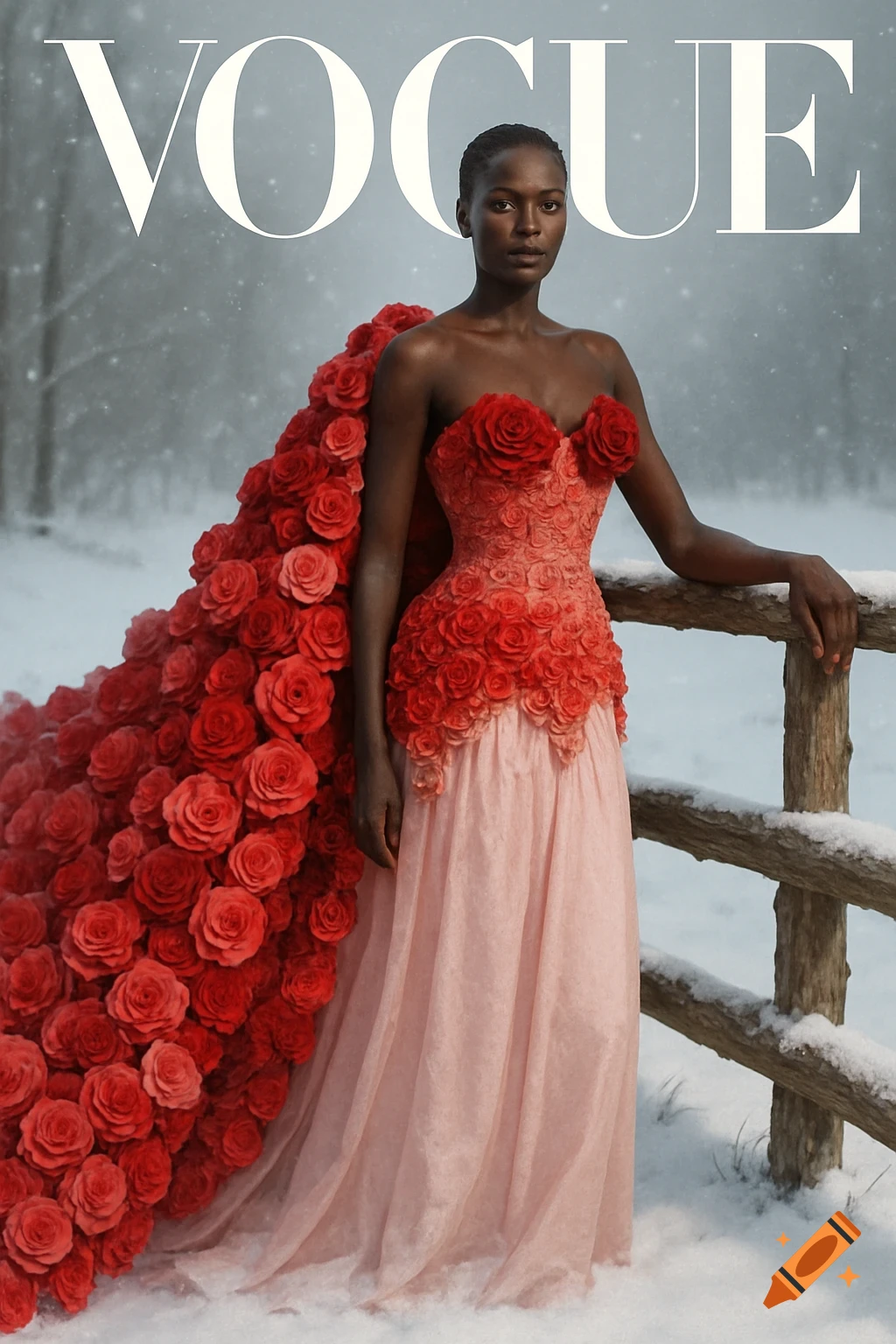 A model in a red rose covered dress poses in the snow, styled as a ...