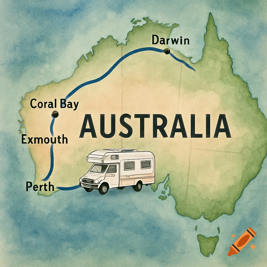Watercolor map of Australia showing a route from Perth to Darwin with a ...