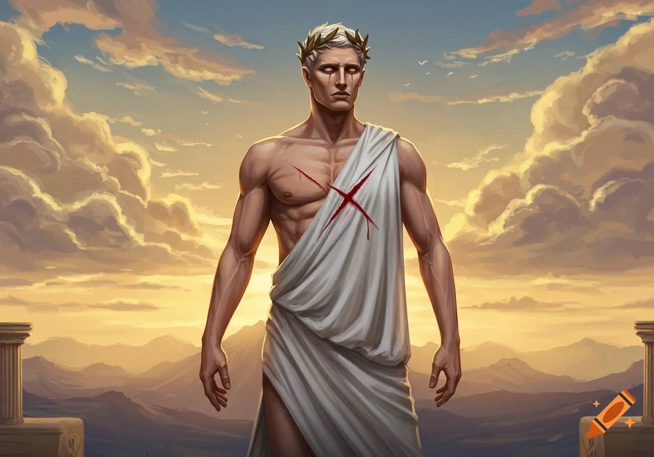 Digital painting of a man in a toga and laurel wreath with a scar on ...