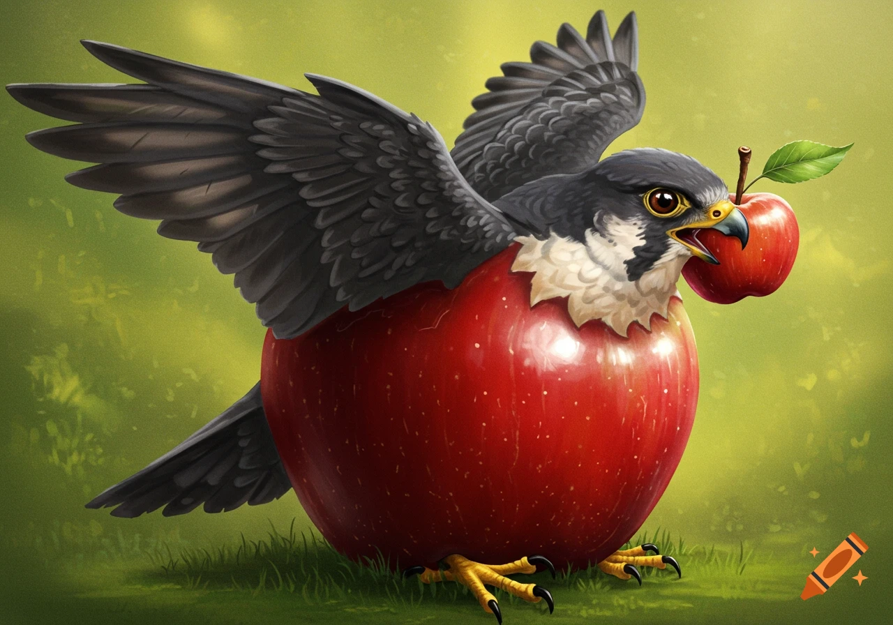 An illustration of a falcon with an apple for a body, holding another ...