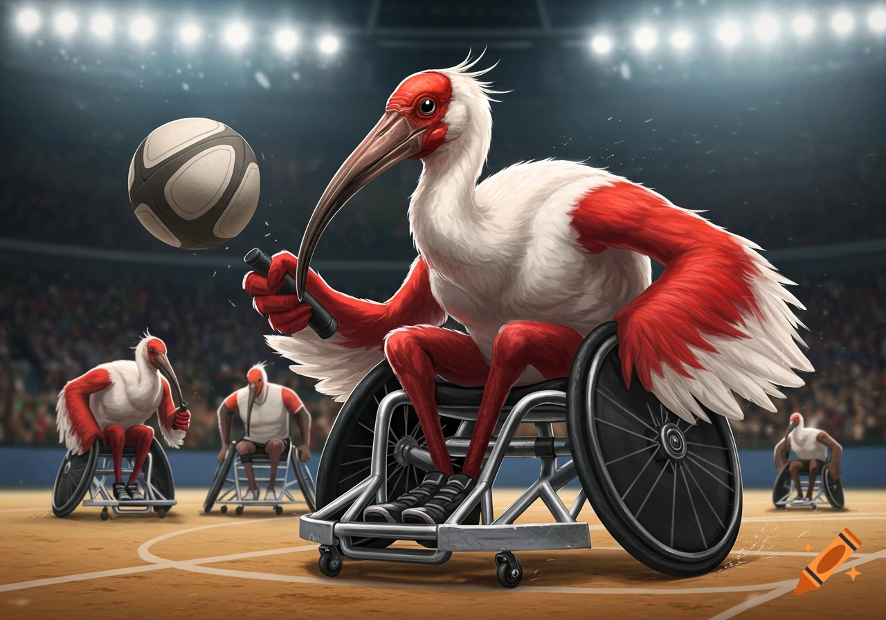 An ibis in a wheelchair playing rugby on a court in a stadium. on Craiyon