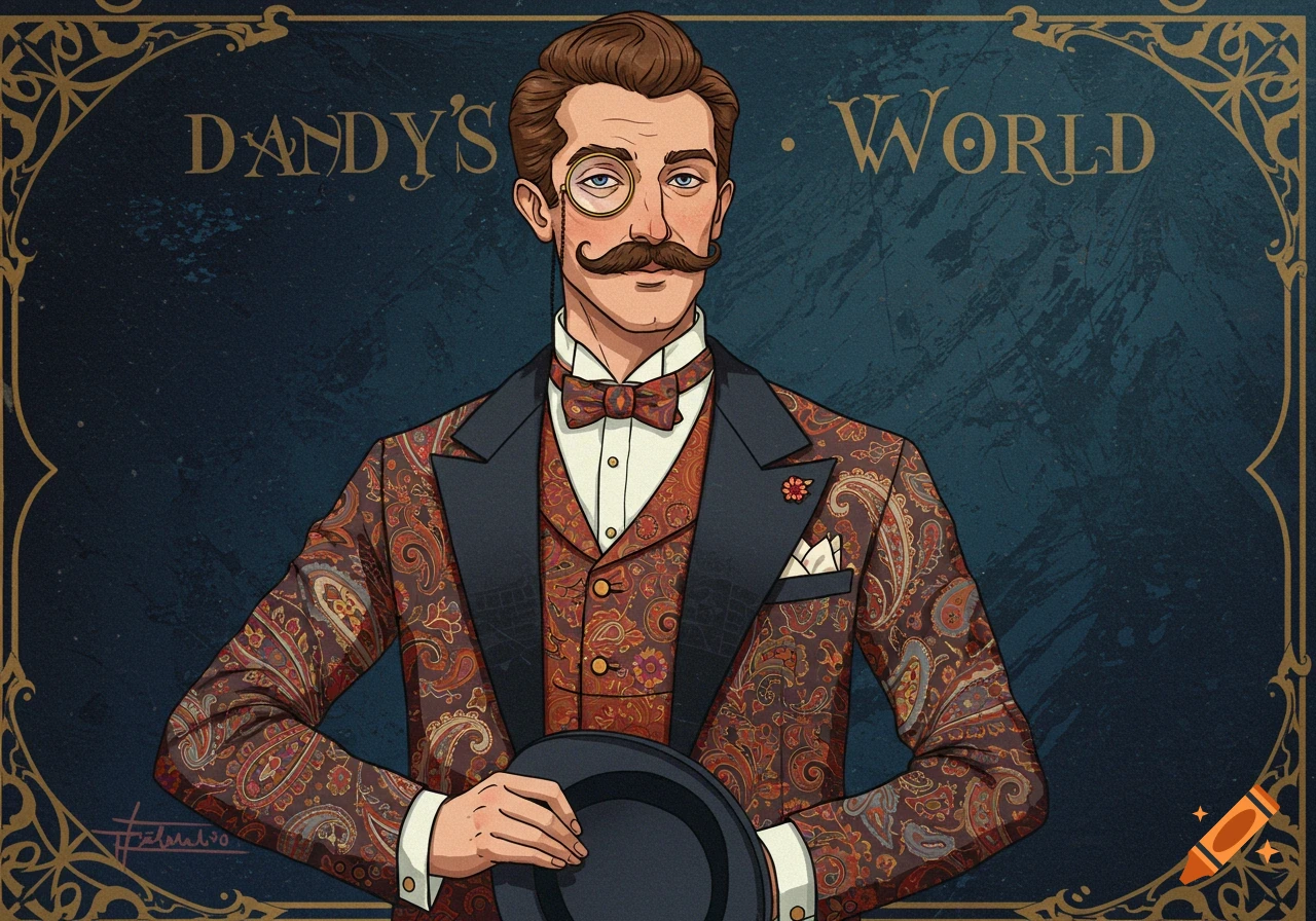 Illustration of a dandy in a paisley suit and monocle holding a hat. on ...