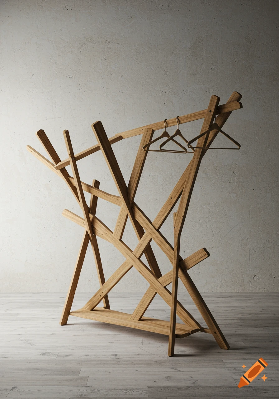 A unique wooden clothes rack made of intersecting beams leans against a ...