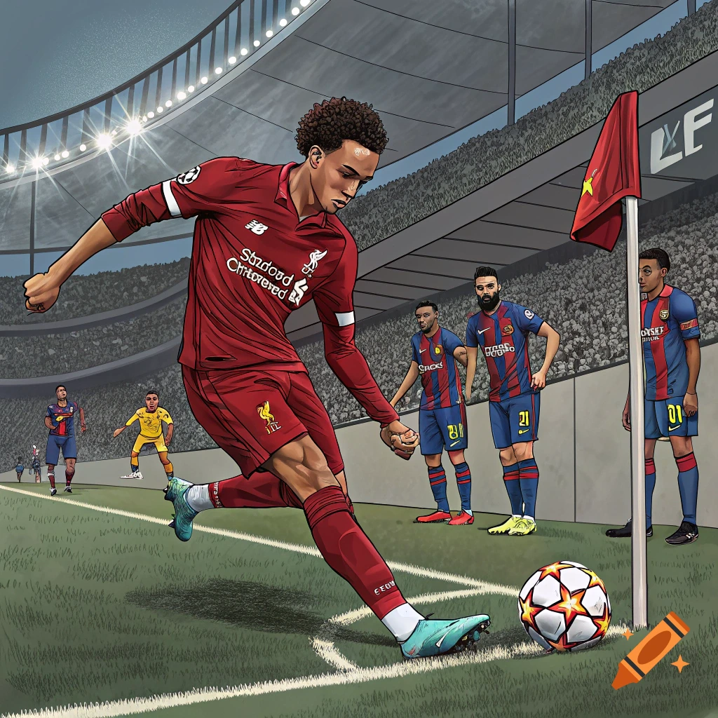 Illustrated football scene showing a Liverpool player taking a corner ...