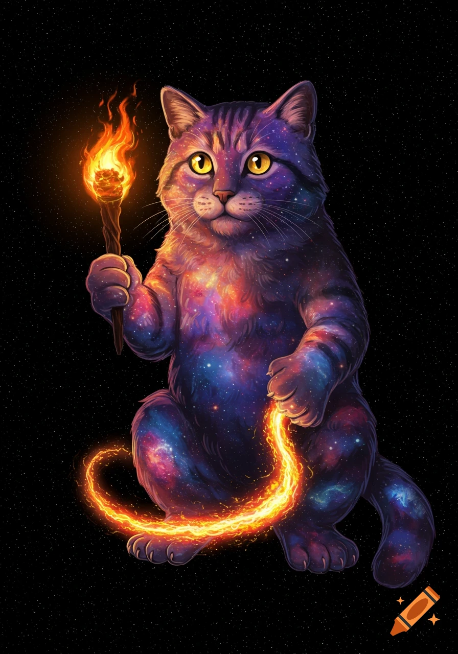 Illustration of a galaxy cat holding a flaming torch with a trail of fire. on Craiyon
