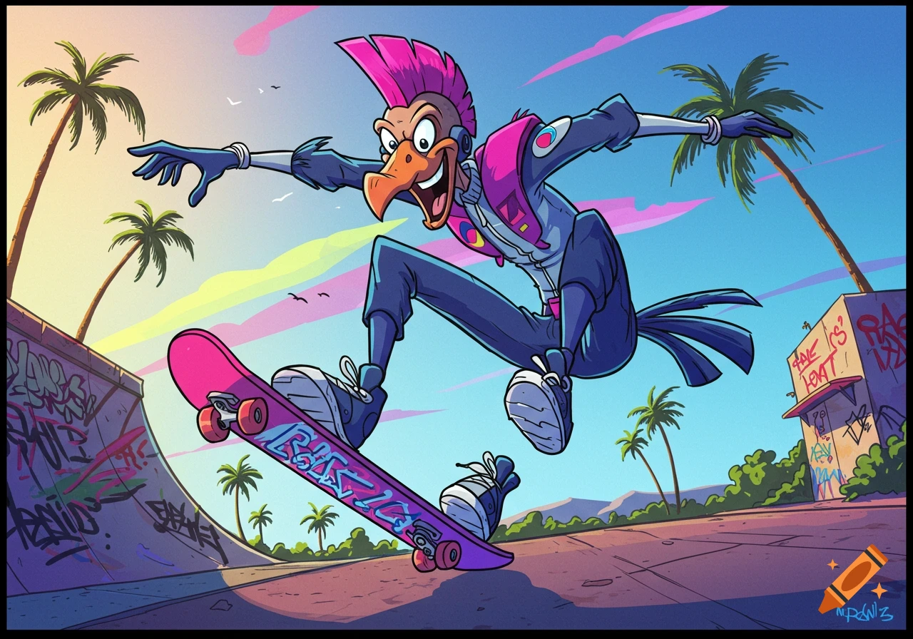Radical cartoon bird on a skateboard at a skate park with palm trees ...