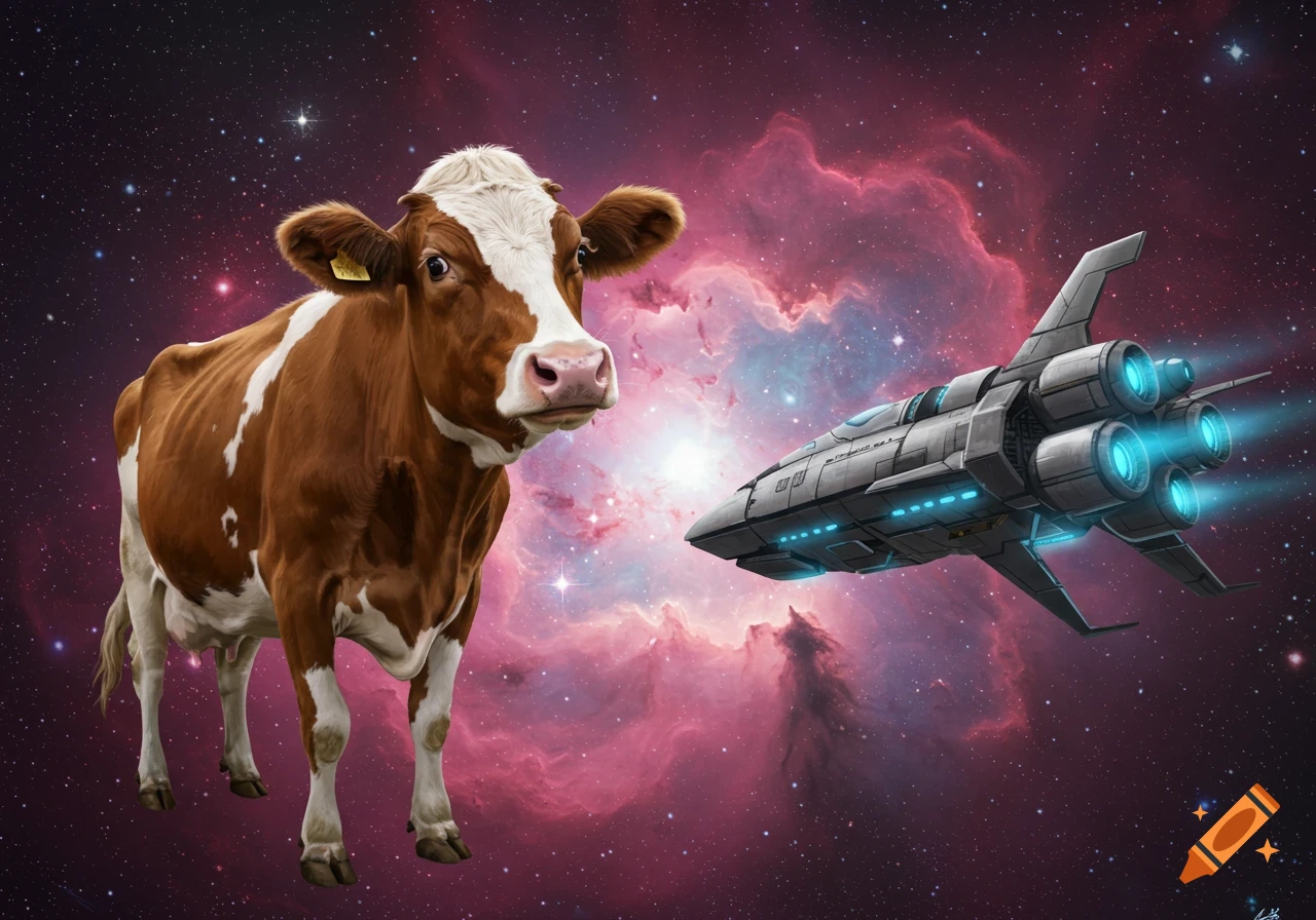 A cow stands in outer space next to a spaceship. on Craiyon