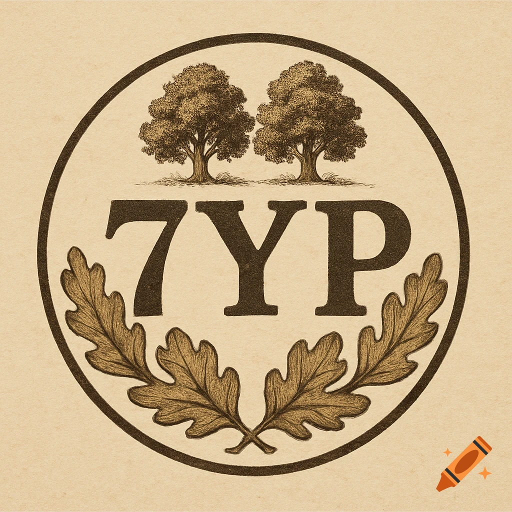 A circular logo featuring two oak trees above the text '7YP' and oak leaves below. on Craiyon