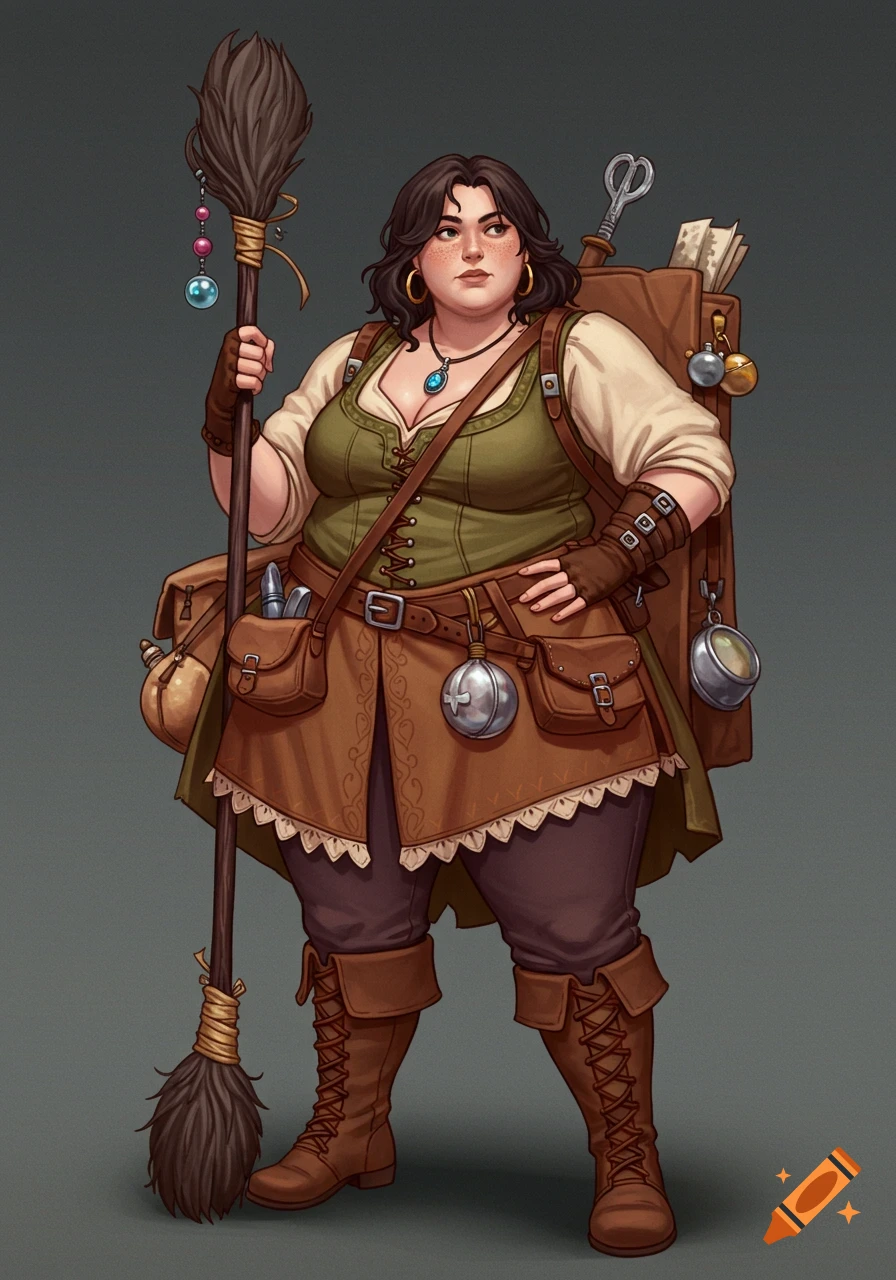 Full body illustration of a plump fantasy woman with a broom staff ...